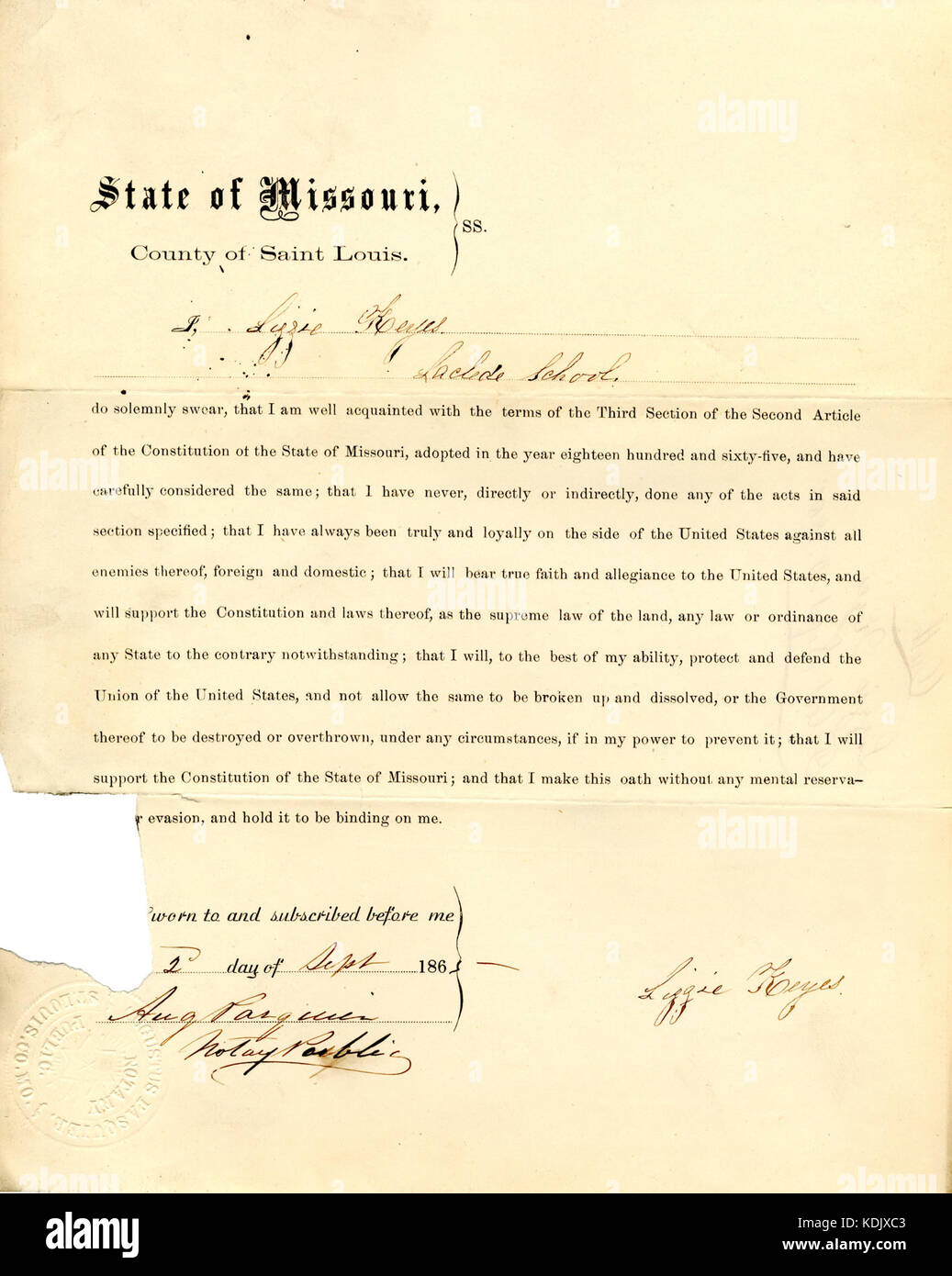 A historical document featuring the loyalty oath taken by Lizzie Keyes ...