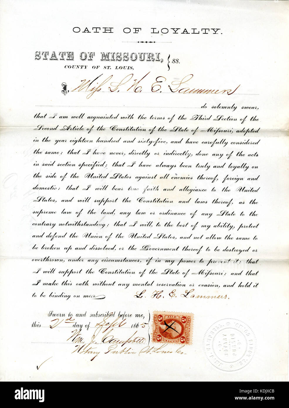 Loyalty oath of Miss L.H.E. Lammers of Missouri, County of St. Louis ...