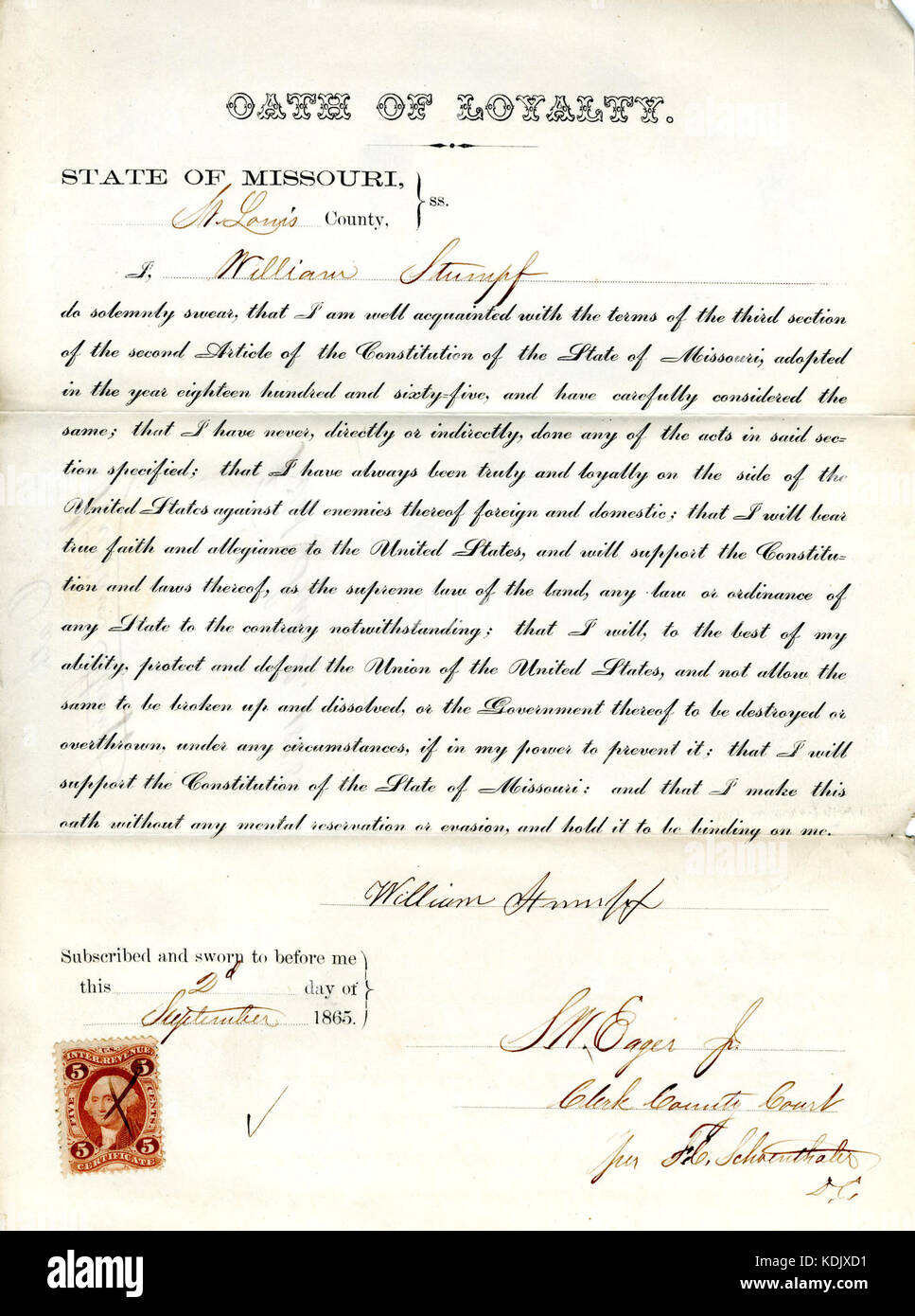 Loyalty oath of William Stumpf of Missouri, County of St. Louis Stock ...