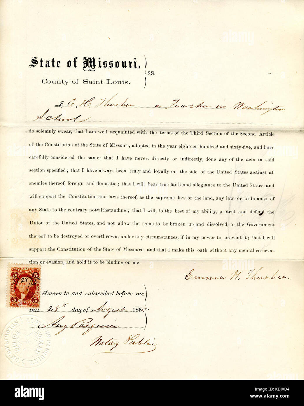 Loyalty oath of Emma H. Thurber of Missouri, County of St. Louis Stock ...