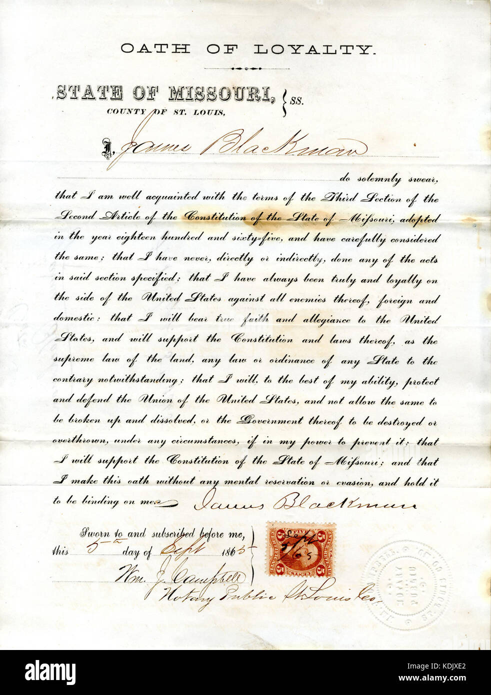 Loyalty oath of James Blackman of Missouri, County of St. Louis Stock ...
