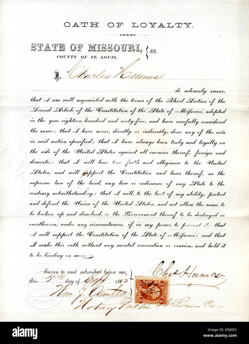 Loyalty oath of Charles Humes of Missouri, County of St. Louis Stock ...