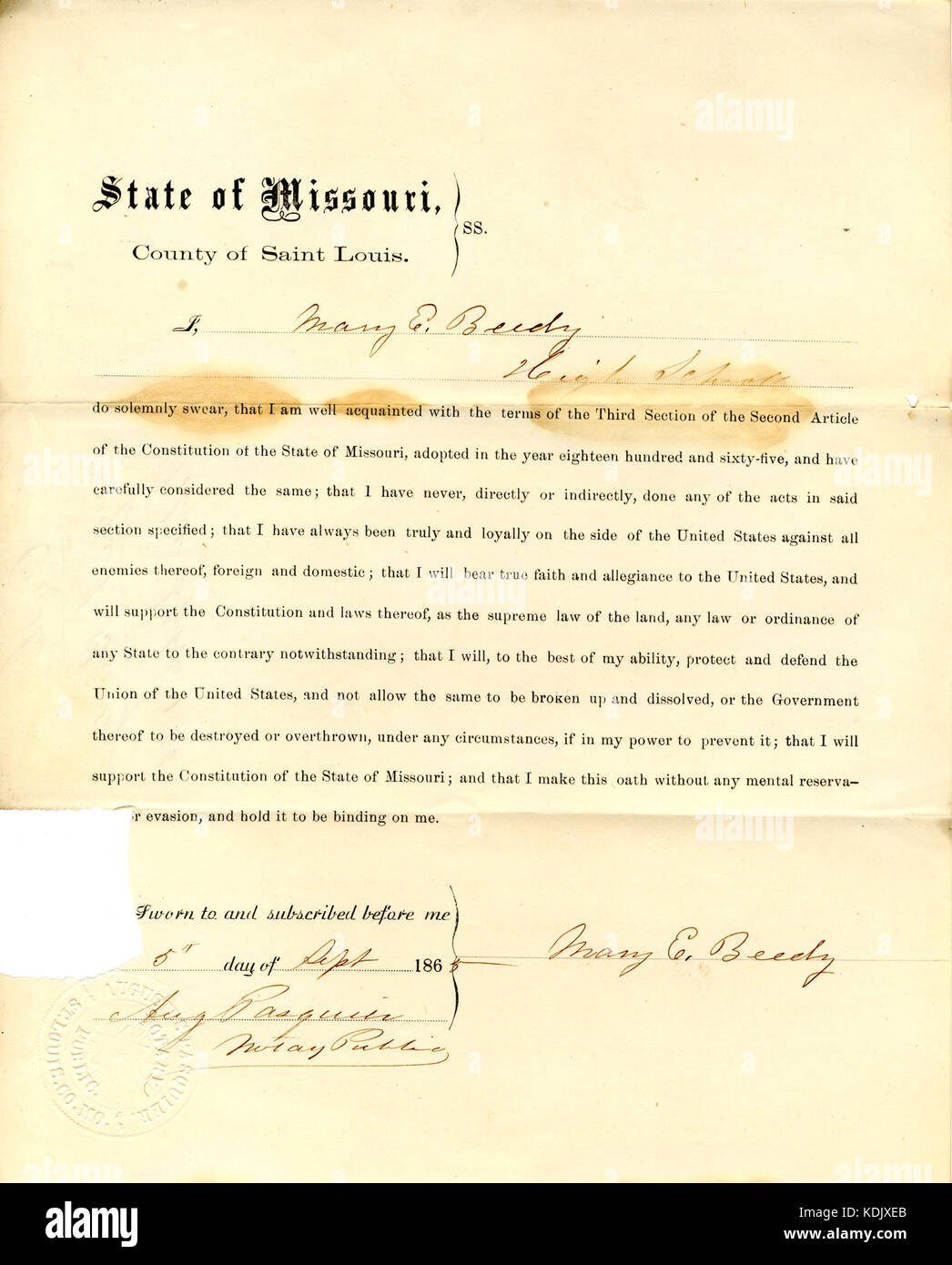 Loyalty oath of Mary E. Beedy of Missouri, County of St. Louis Stock ...
