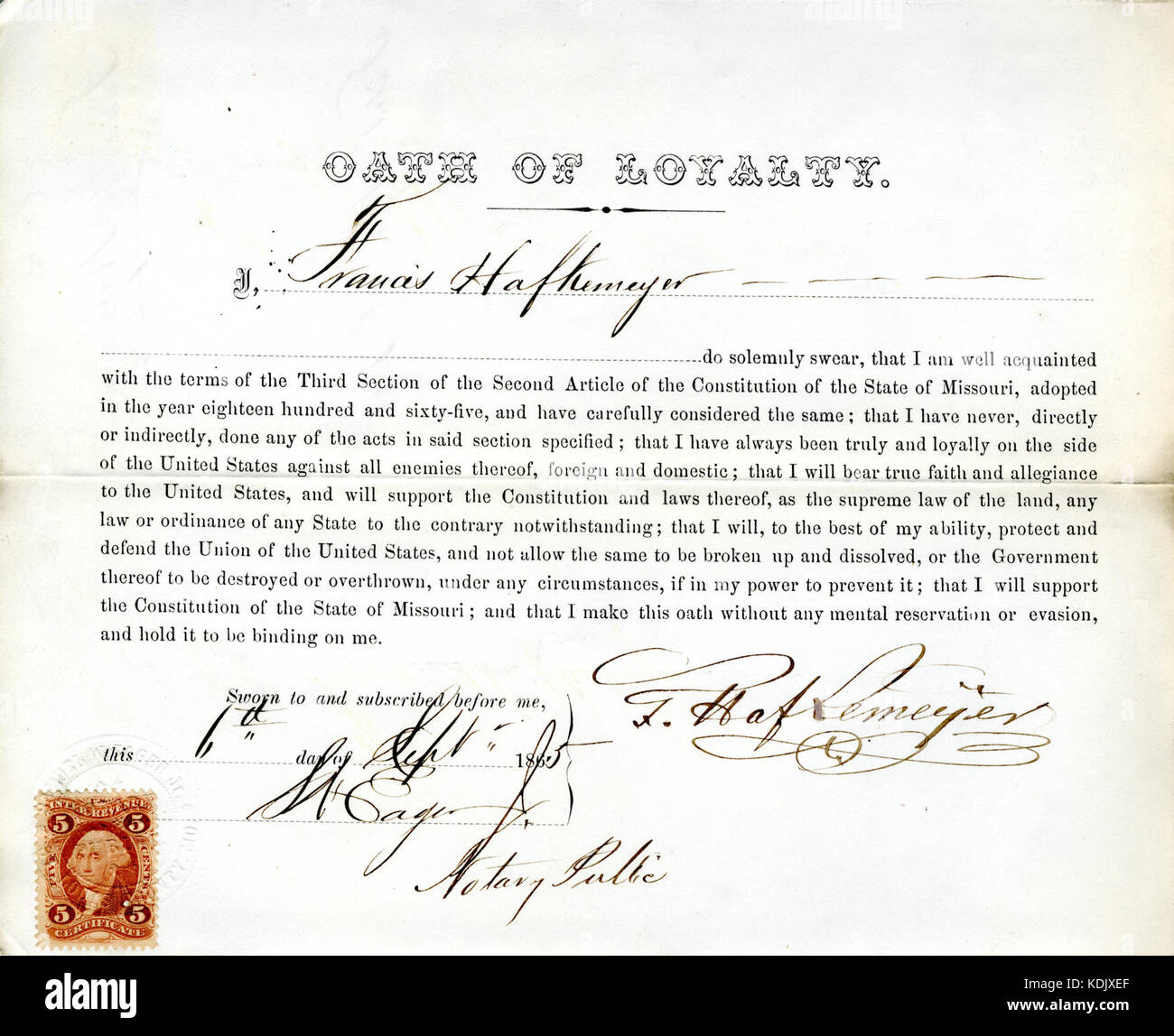 This document is the loyalty oath signed by Francis Kafkemeyer ...