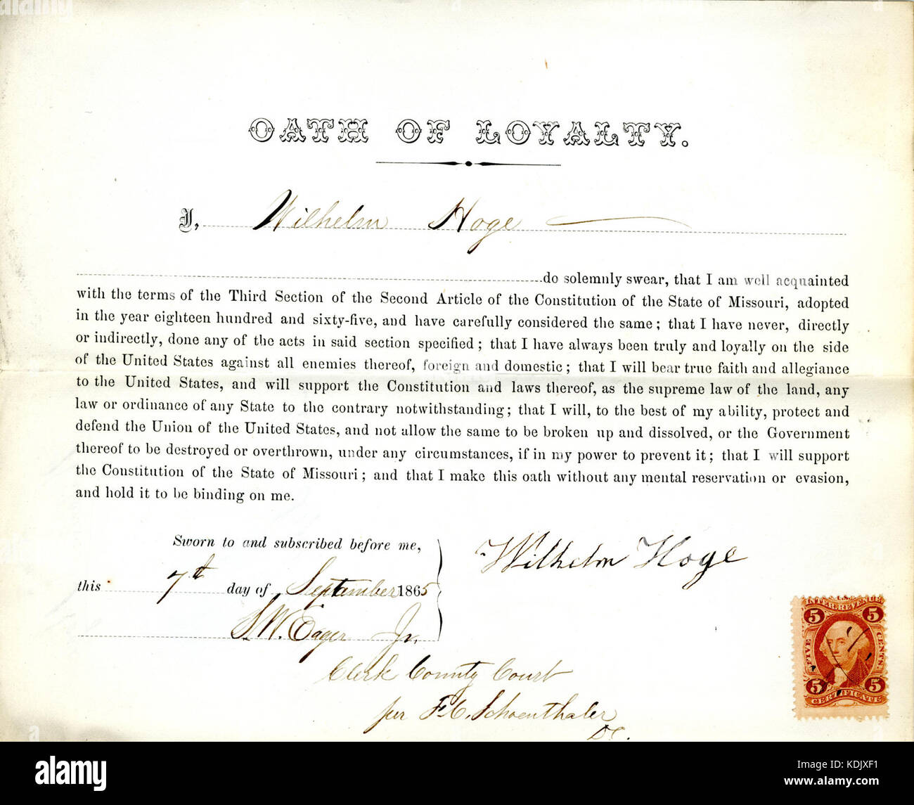 Loyalty oath of Wilhelm Hoge of Missouri, County of St. Louis Stock ...