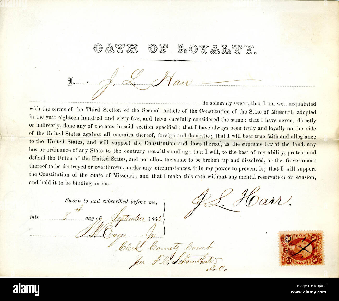 Loyalty oath of J. L. Harr of Missouri, County of St. Louis Stock Photo ...