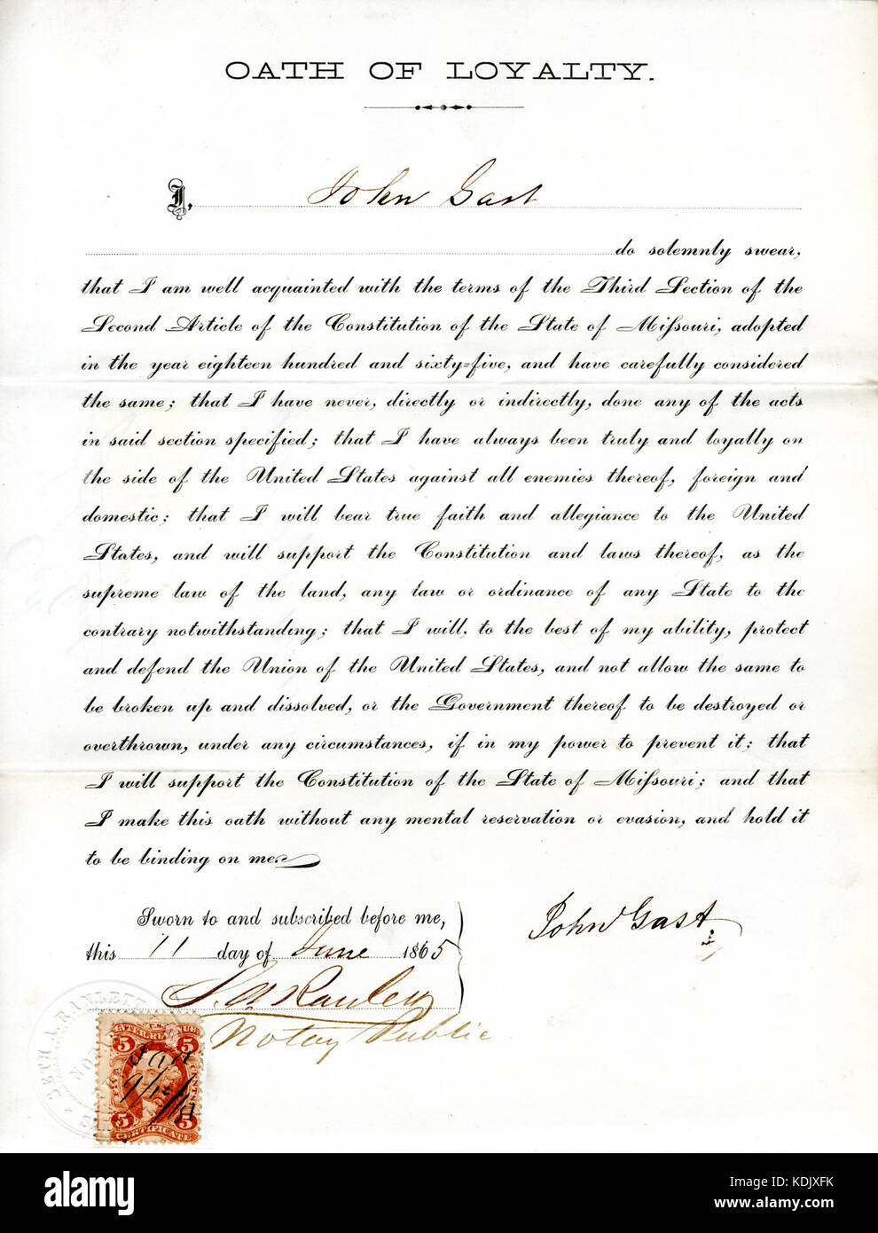 This historical document is a loyalty oath signed by John Gast of St ...