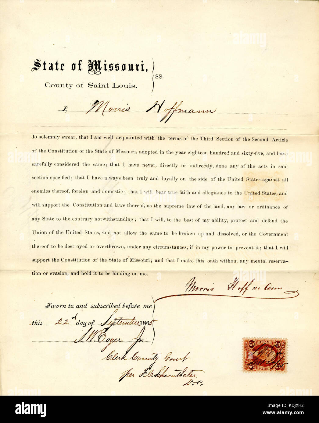 Loyalty oath of Morris Hoffmann of Missouri, County of St. Louis Stock ...