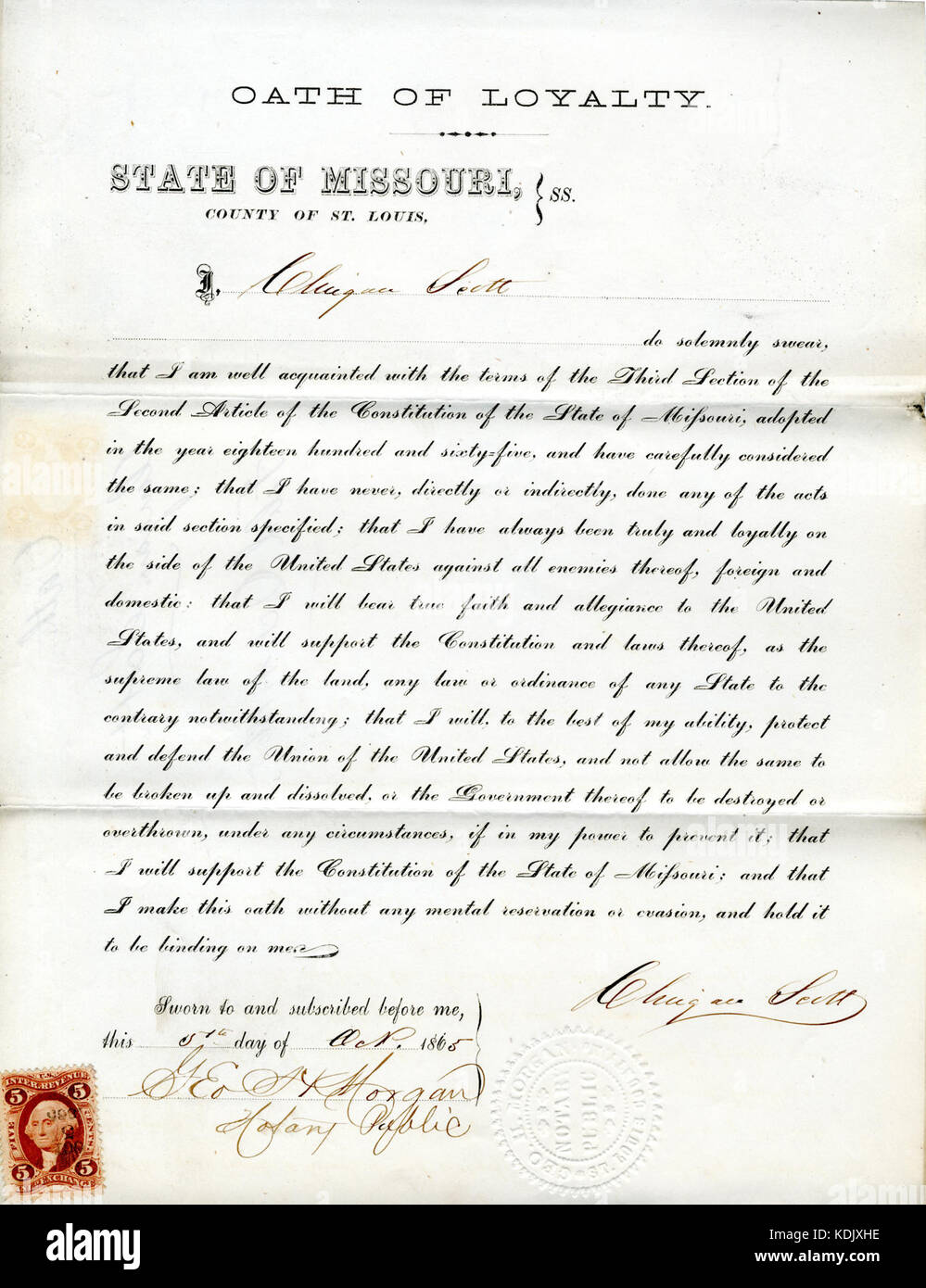 Loyalty oath of Clingan Scott of Missouri, County of St. Louis Stock ...