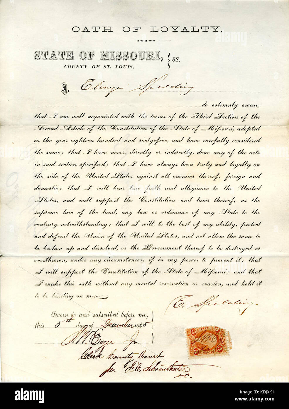 Loyalty oath of Ebenezer Spalding of Missouri, County of St. Louis ...