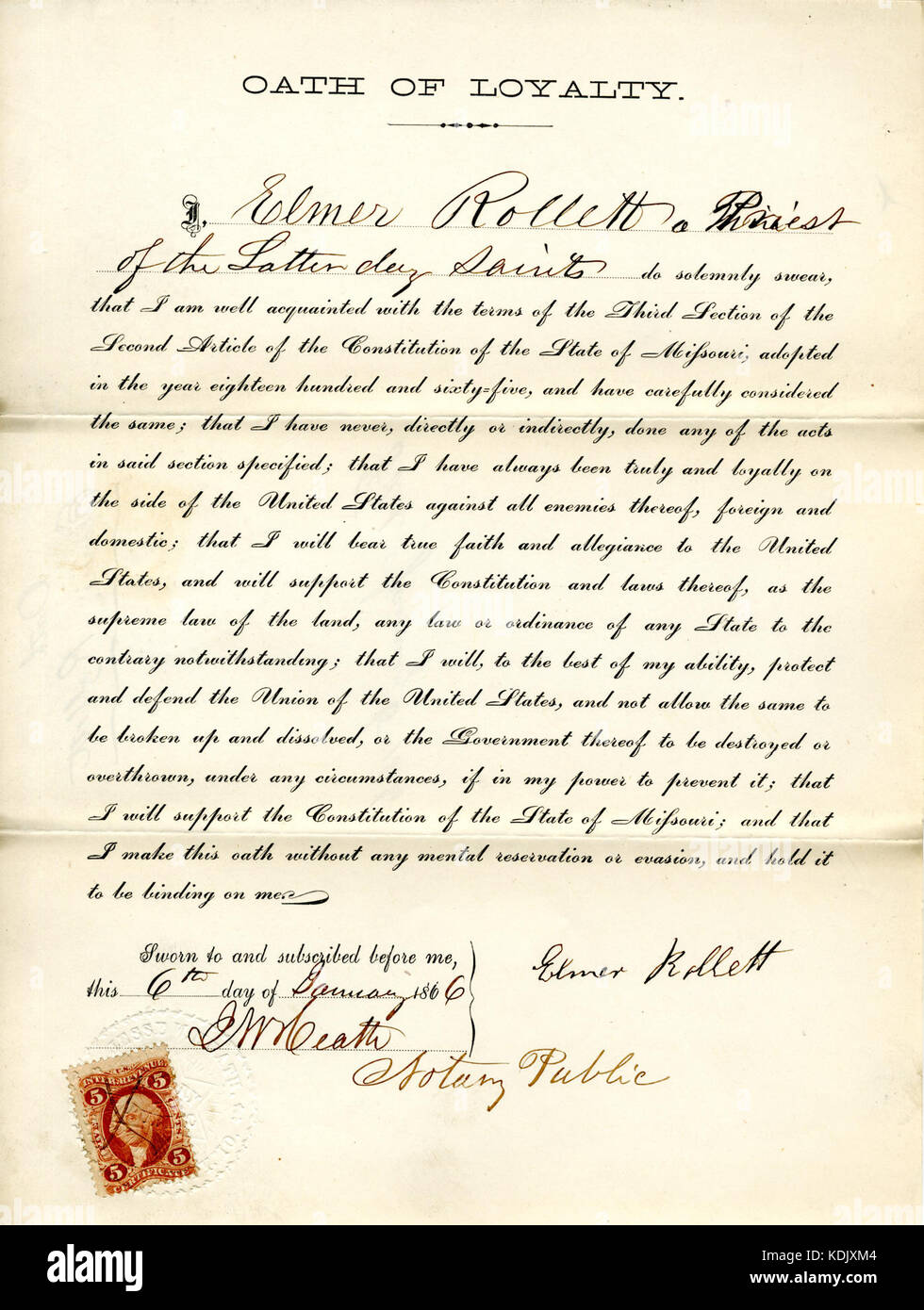 Loyalty oath of Elmer Rollett of Missouri, County of St. Louis Stock ...