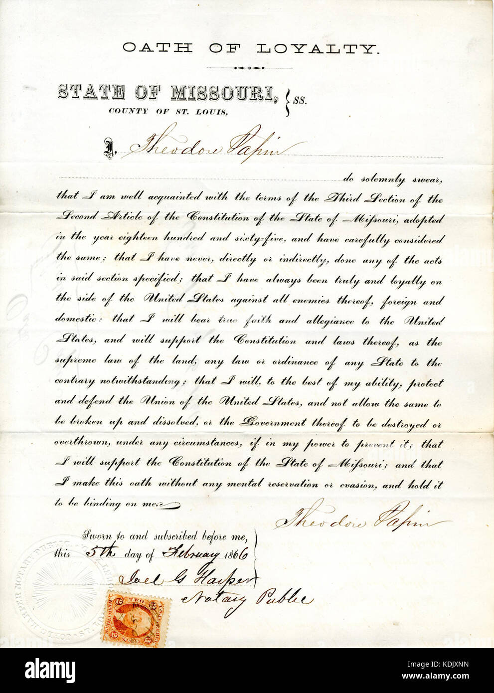 Loyalty oath of Theodore Papin of Missouri, County of St. Louis Stock ...