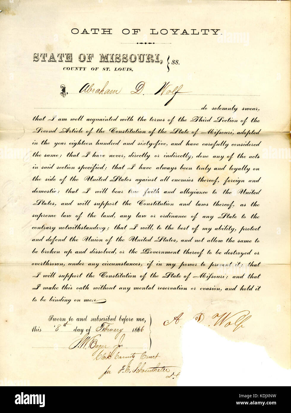 Loyalty oath of Abraham D. Wolf of Missouri, County of St. Louis Stock ...