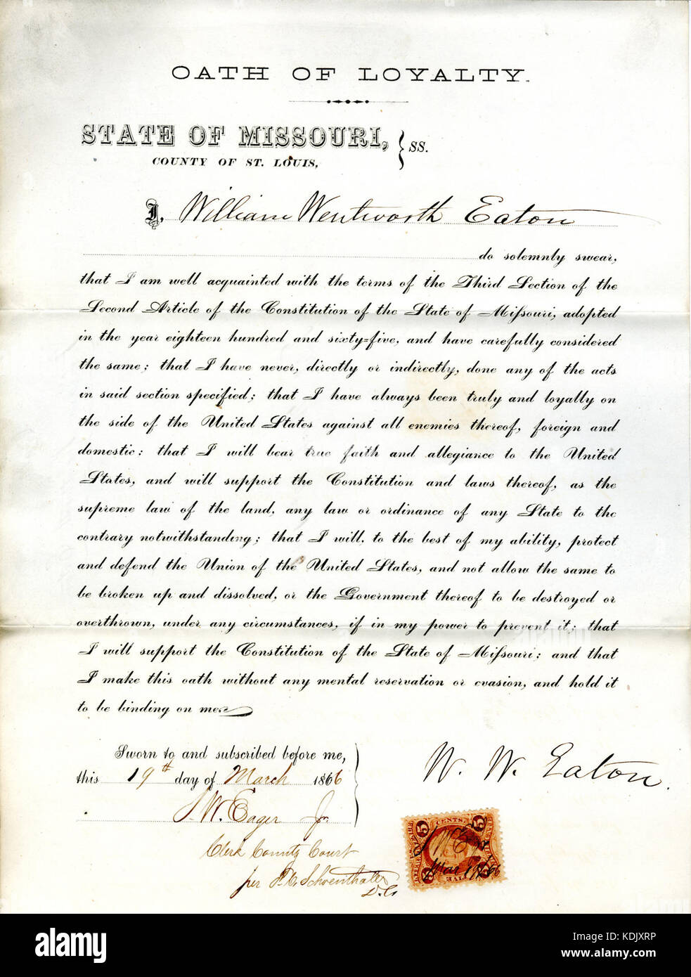 Loyalty oath of William Wentworth Eaton of Missouri, County of St ...
