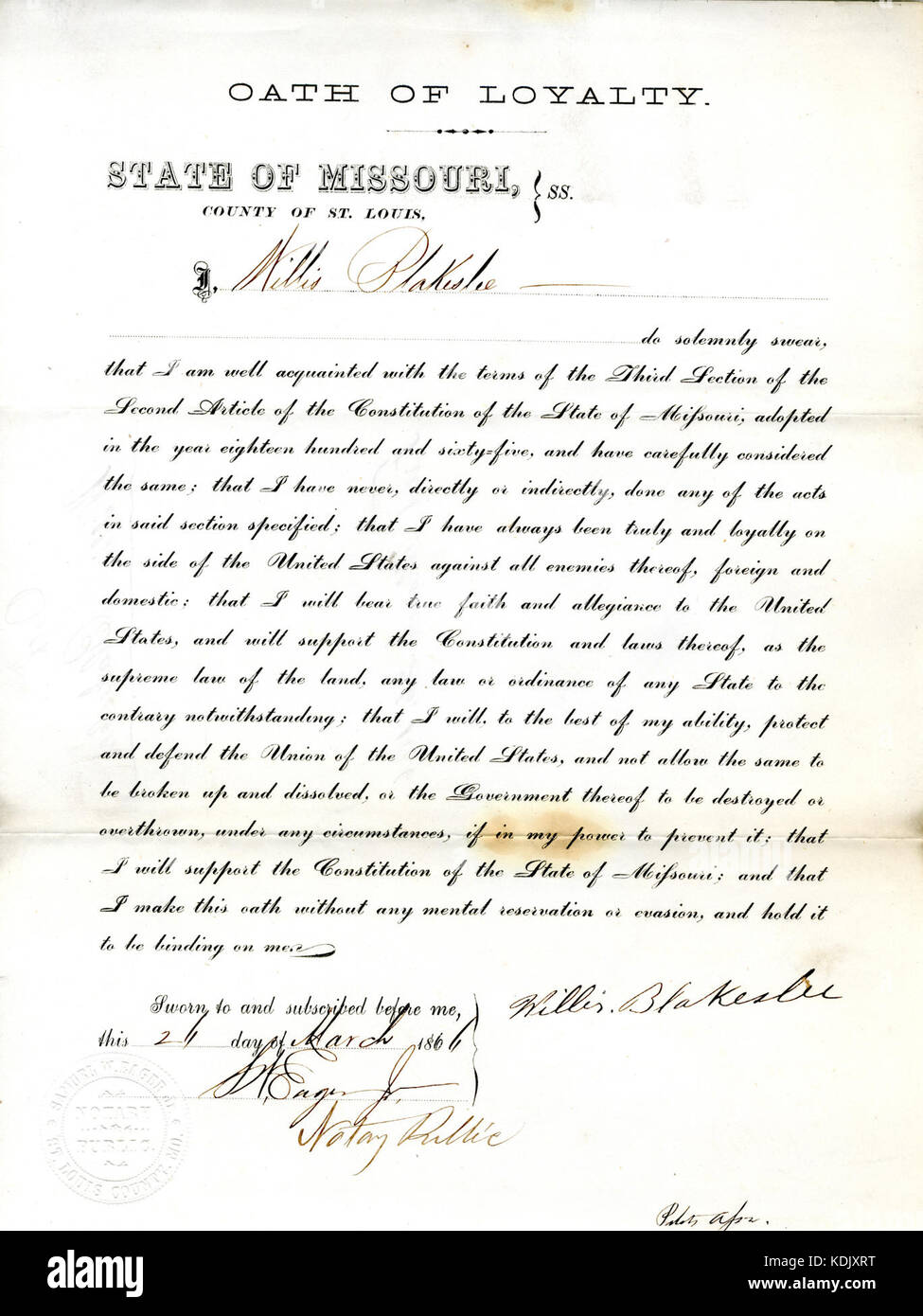 Loyalty oath of Willis Blakeslee of Missouri, County of St. Louis Stock ...