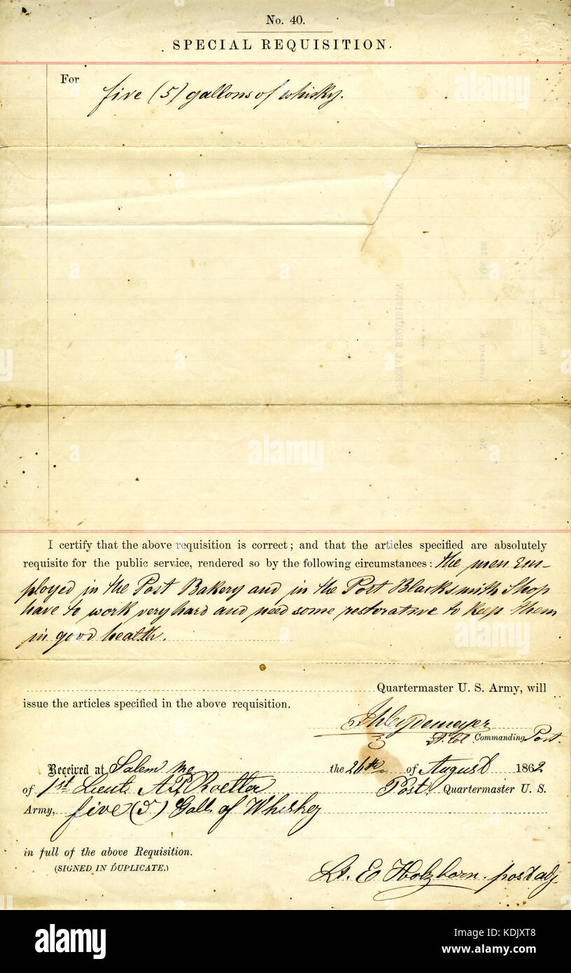 Special requisition for five gallons of whiskey, August 26, 1862 Stock ...