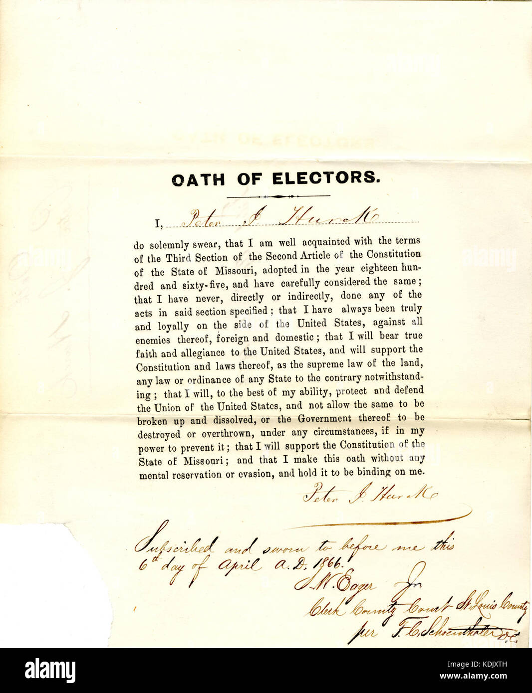 Loyalty oath of Peter J. Hurck of Missouri, County of St. Louis Stock ...