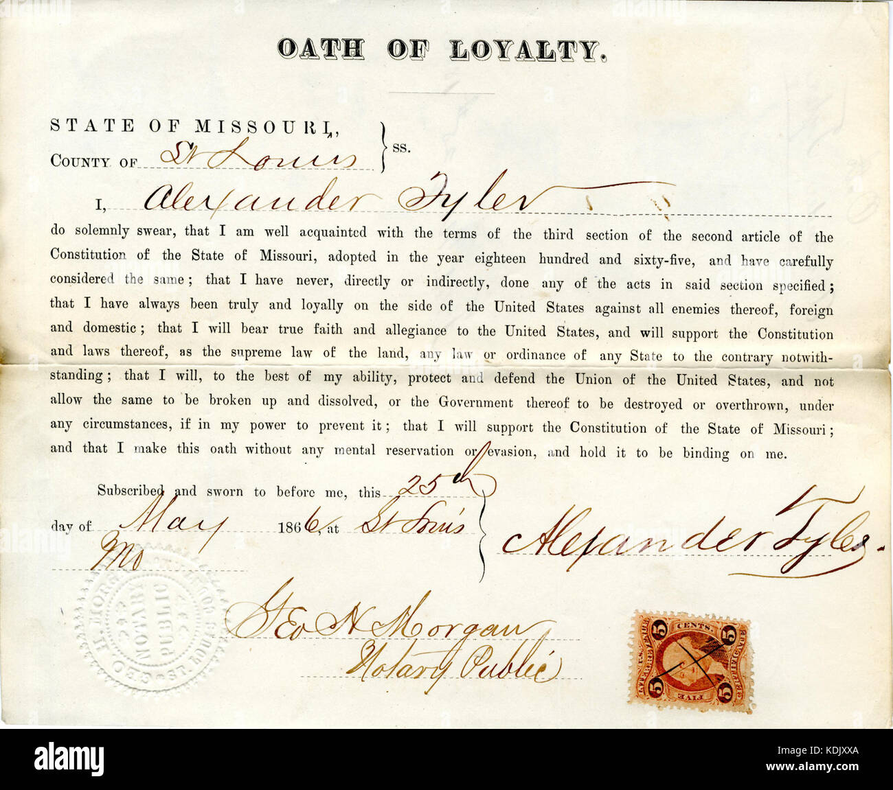 Loyalty oath of Alexander Tyler of Missouri, County of St. Louis Stock ...