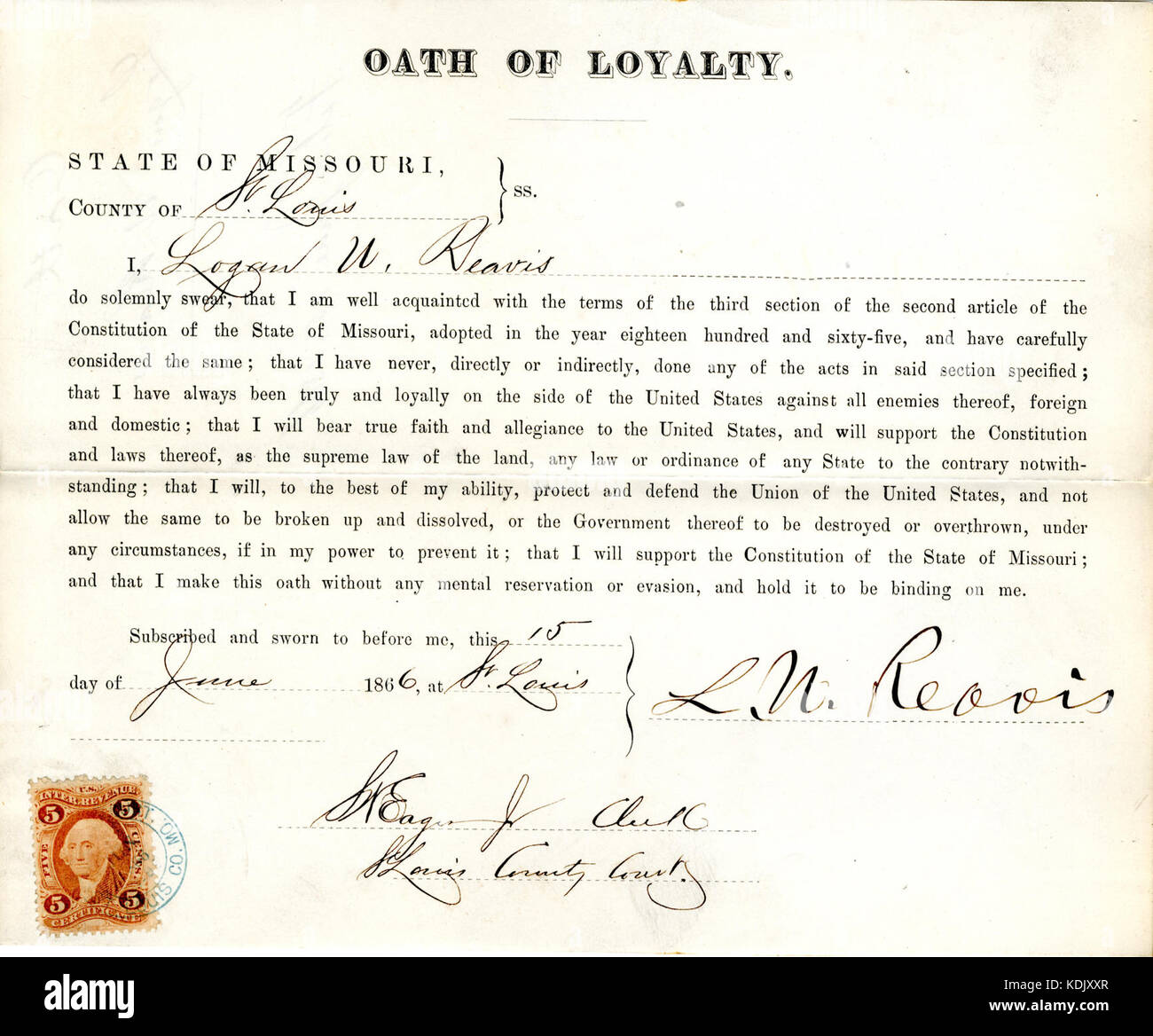 Loyalty oath of Logan U. Reavis of Missouri, County of St. Louis Stock ...