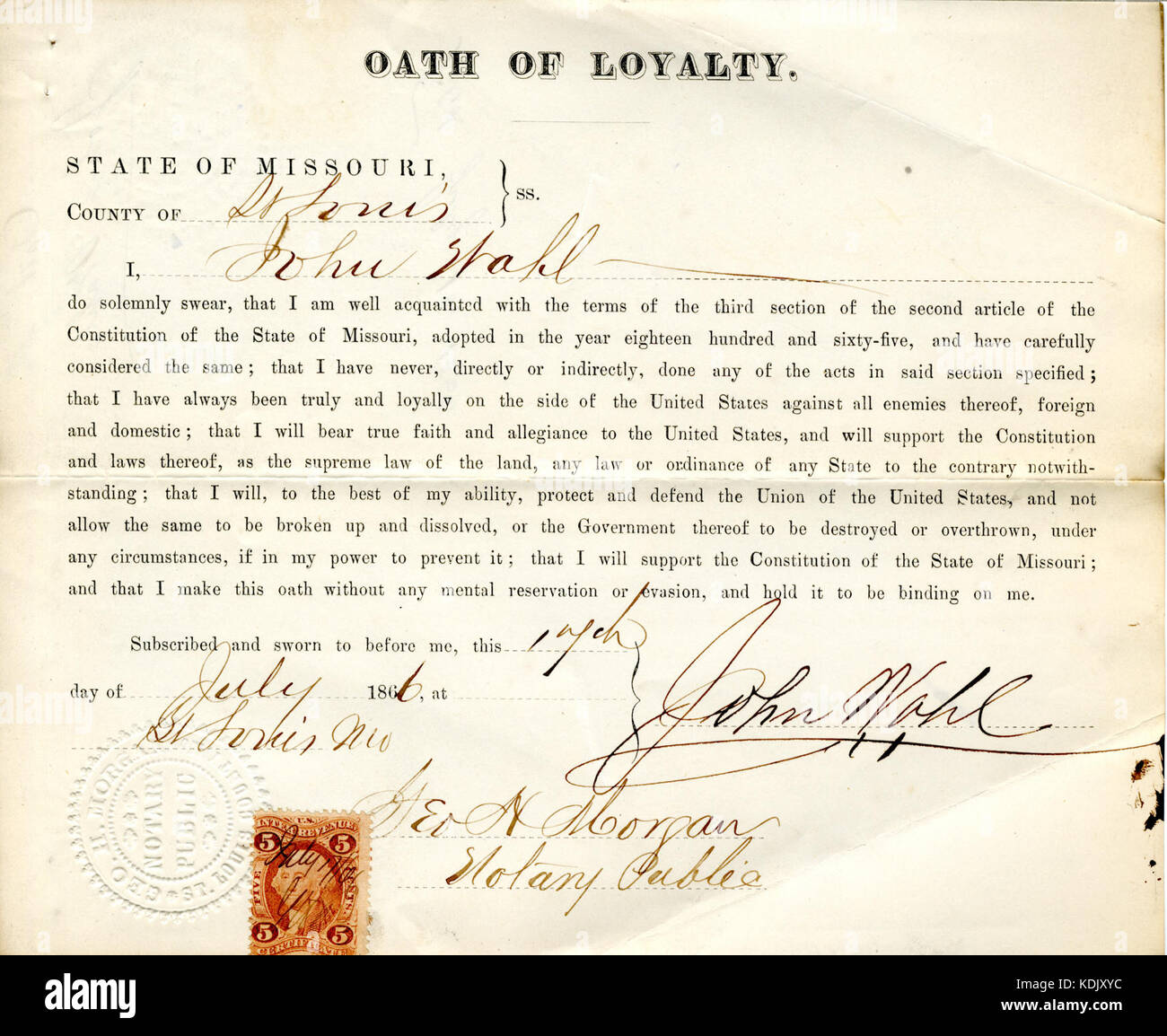 Loyalty oath of John Wahl of Missouri, County of St. Louis Stock Photo ...