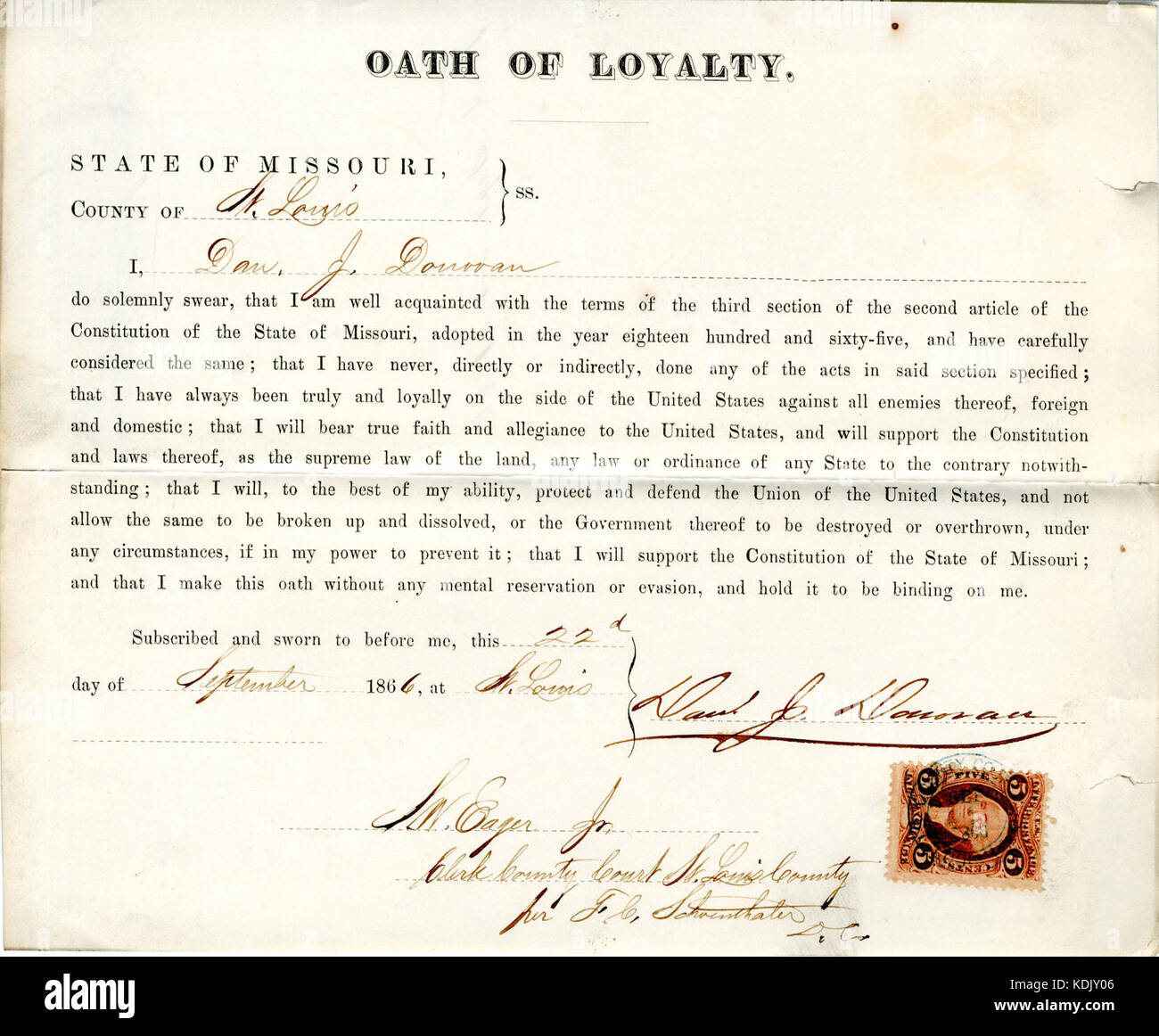 Loyalty oath of Dan. J. Donovan of Missouri, County of St. Louis Stock ...