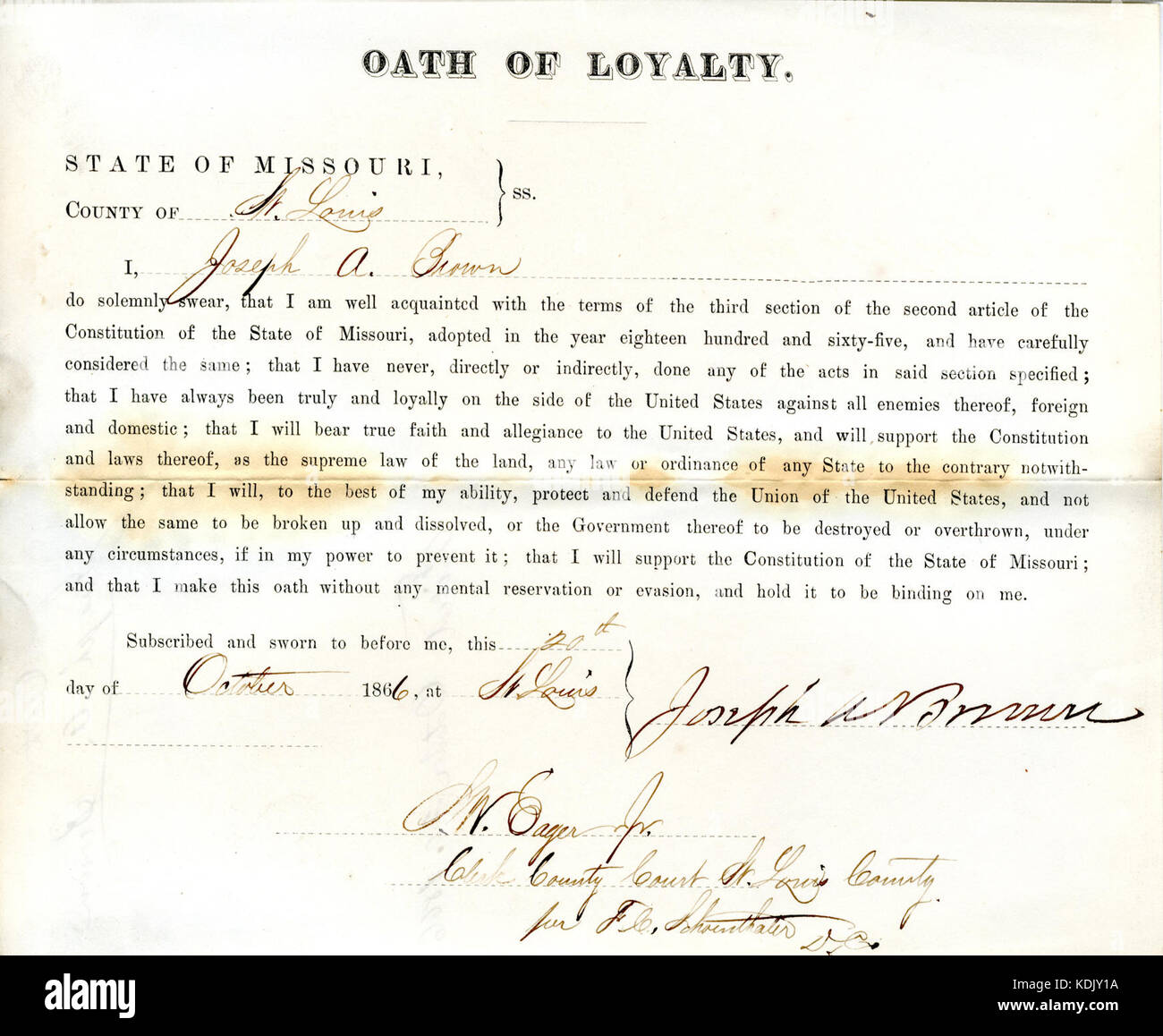 Loyalty oath of Joseph A. Brown of Missouri, County of St. Louis Stock ...