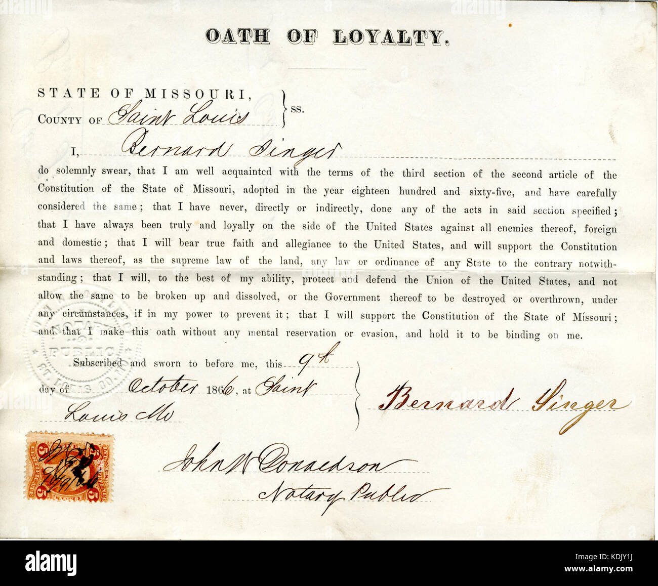 Loyalty oath of Bernard Singer of Missouri, County of St. Louis Stock ...