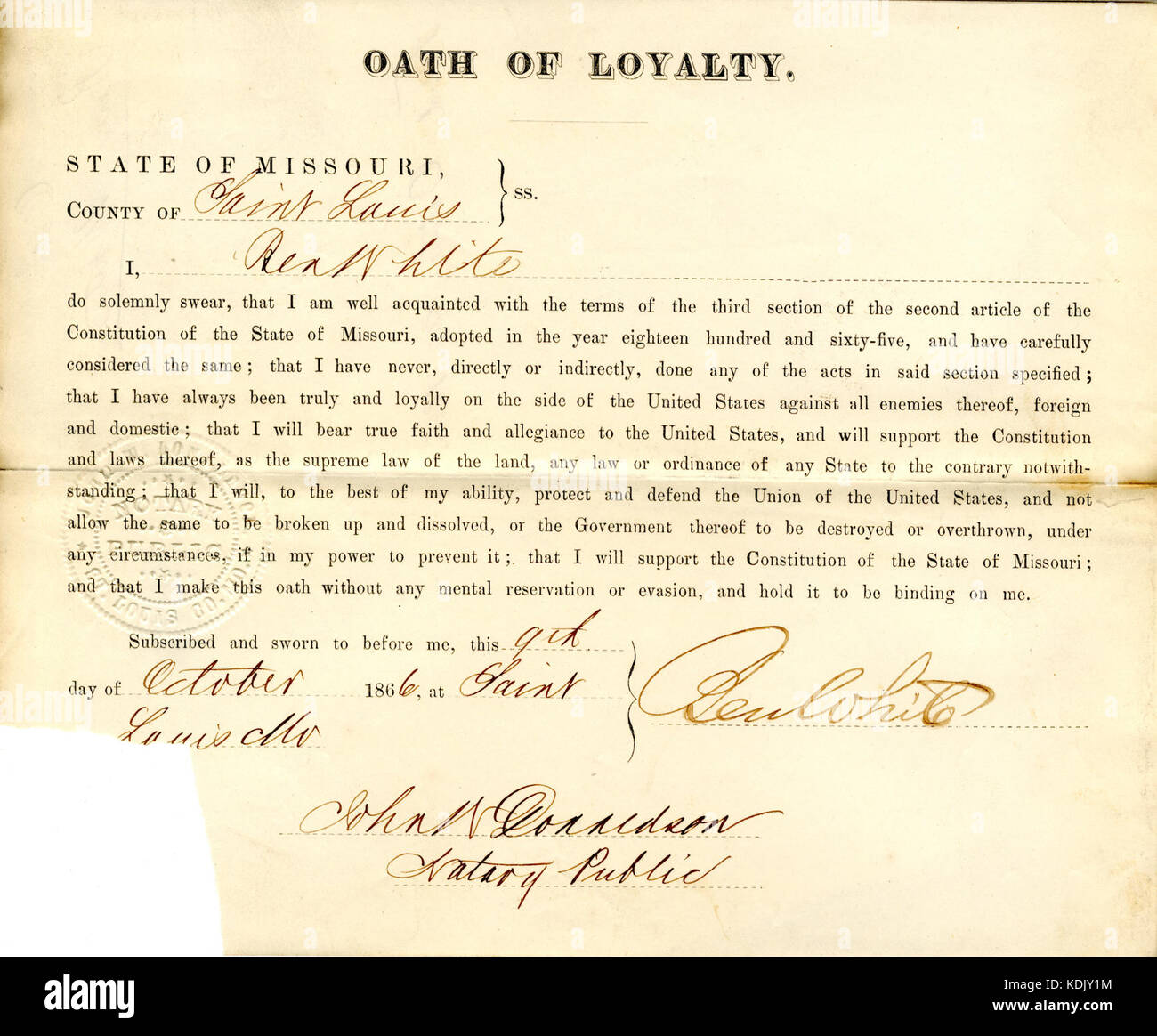 Loyalty oath of Ben White of Missouri, County of St. Louis Stock Photo ...