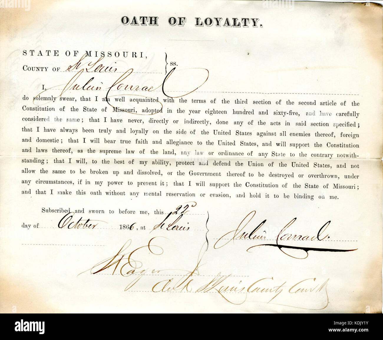 Loyalty oath of Julius Conrad of Missouri, County of St. Louis Stock ...