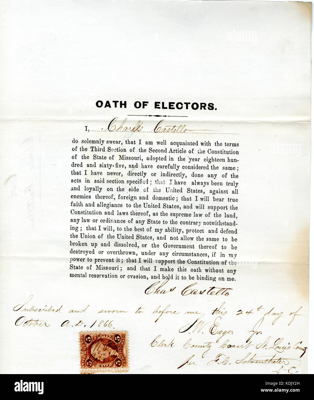 Loyalty oath of Charles Castello of Missouri, County of St. Louis Stock ...