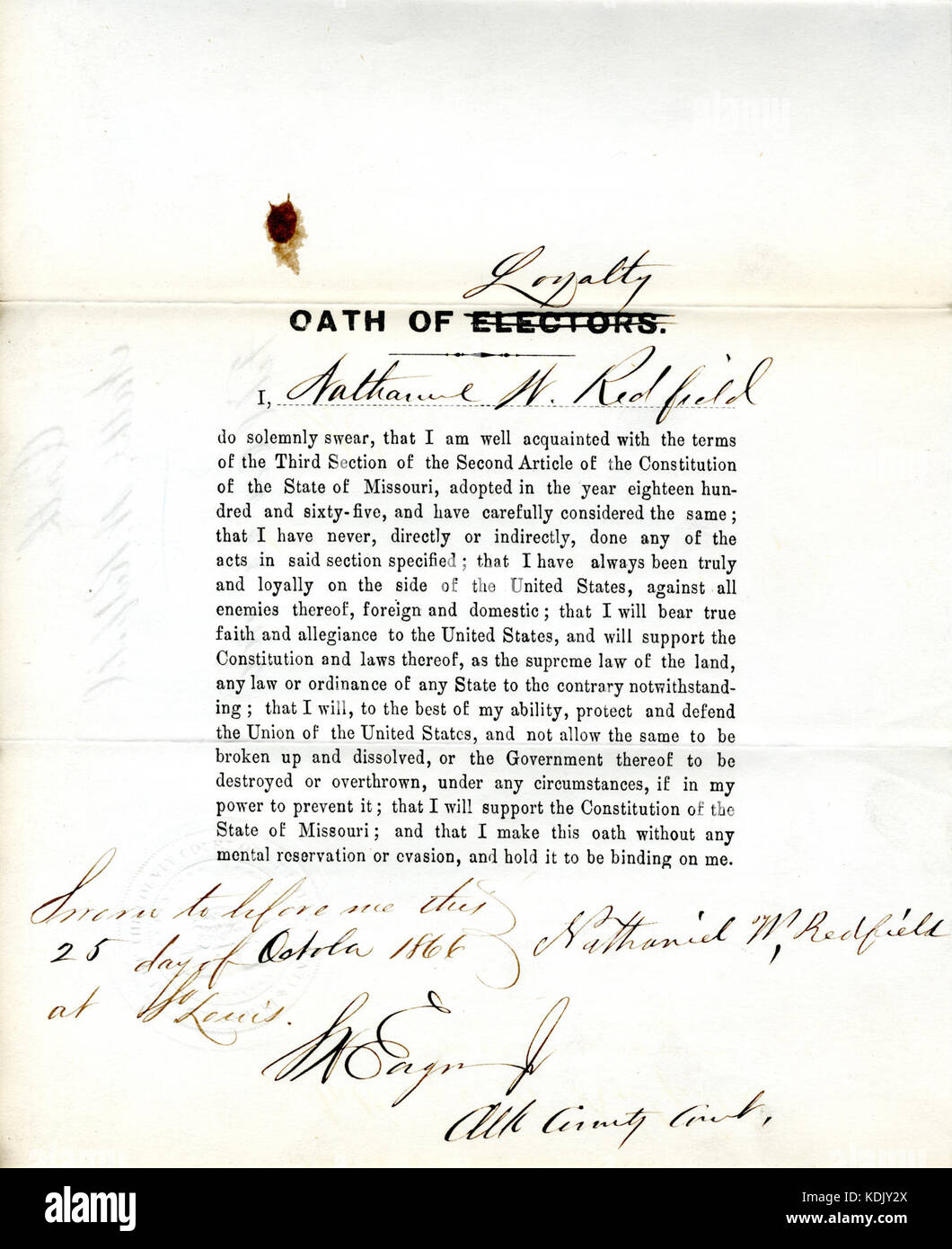 This document shows the loyalty oath of Nathaniel W. Redfield from St ...
