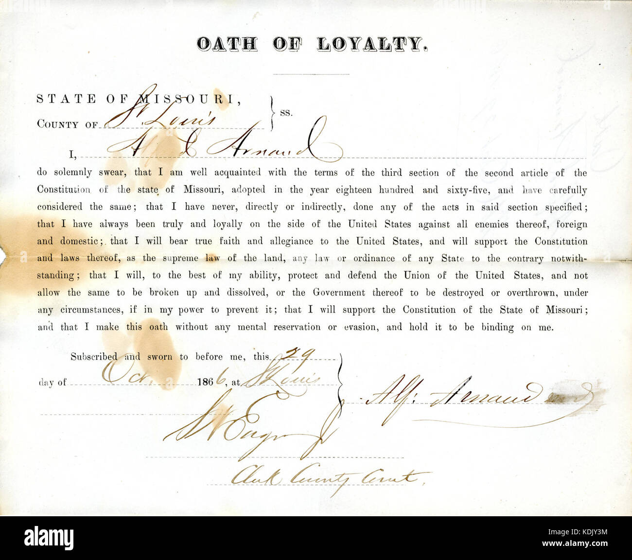 Loyalty oath of Alfred Amaud of Missouri, County of St. Louis Stock ...