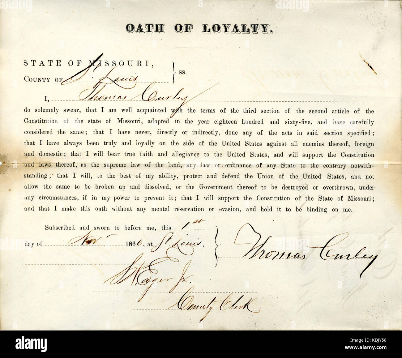 Loyalty oath of Thomas Curley of Missouri, County of St. Louis Stock ...