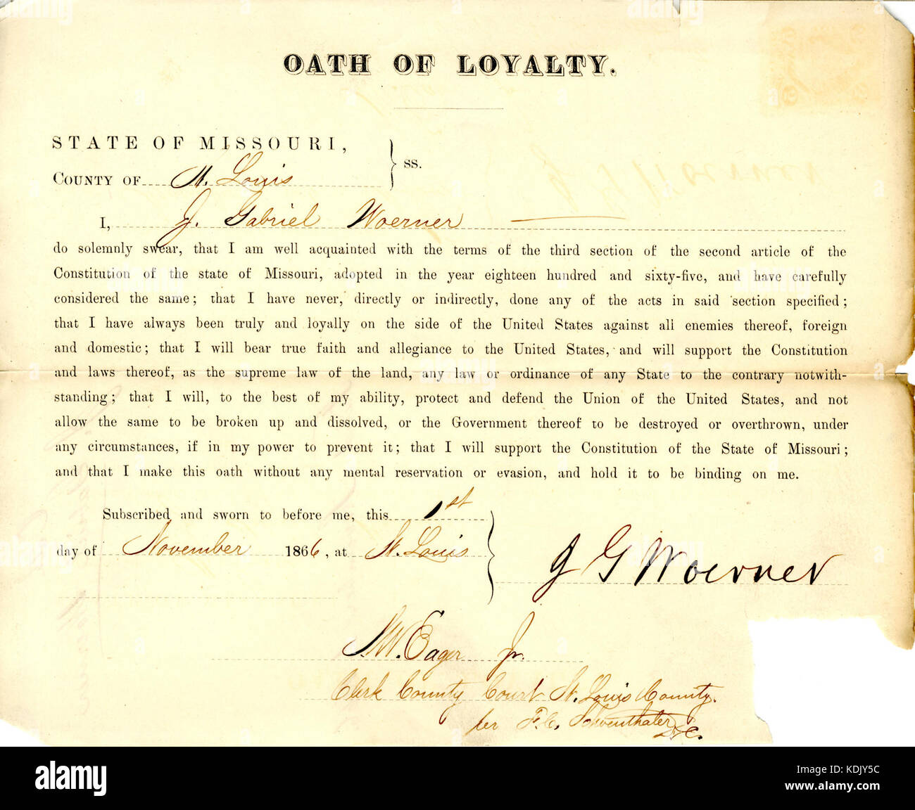 Loyalty oath of J. Gabriel Woerner of Missouri, County of St. Louis ...
