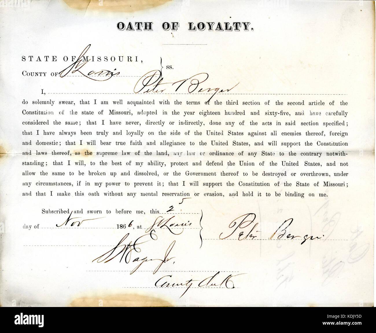 Loyalty oath of Peter Berger of Missouri, County of St. Louis Stock ...
