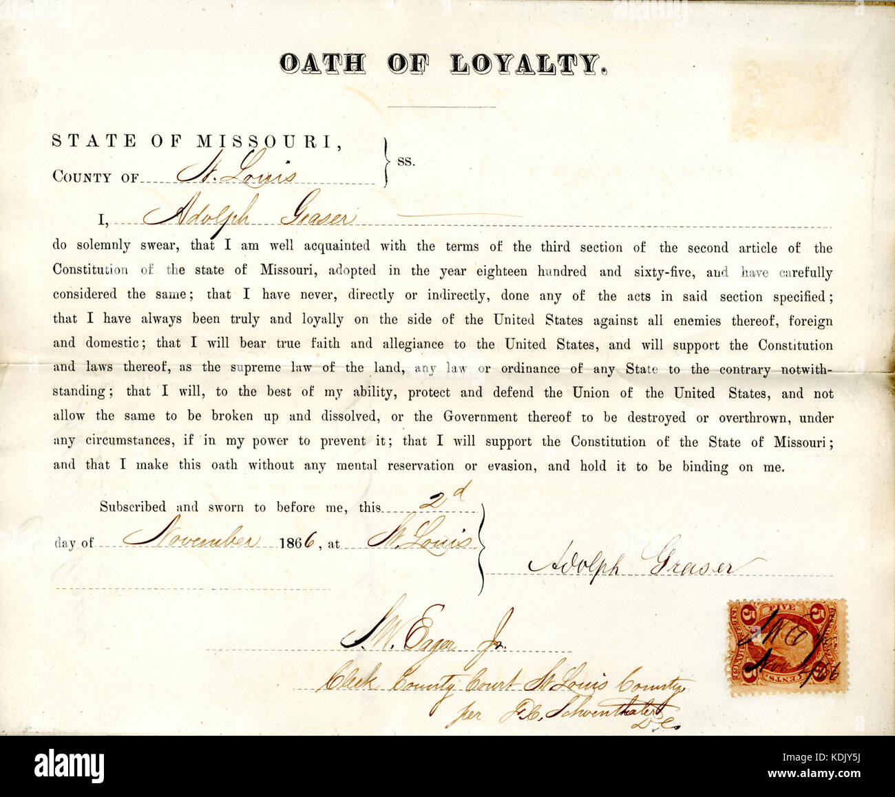 Loyalty oath of Adolph Graser of Missouri, County of St. Louis Stock ...