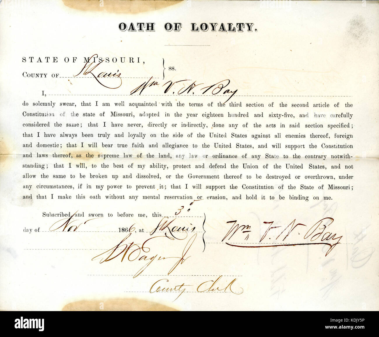 Loyalty oath of William V.N. Bay of Missouri, County of St. Louis Stock ...
