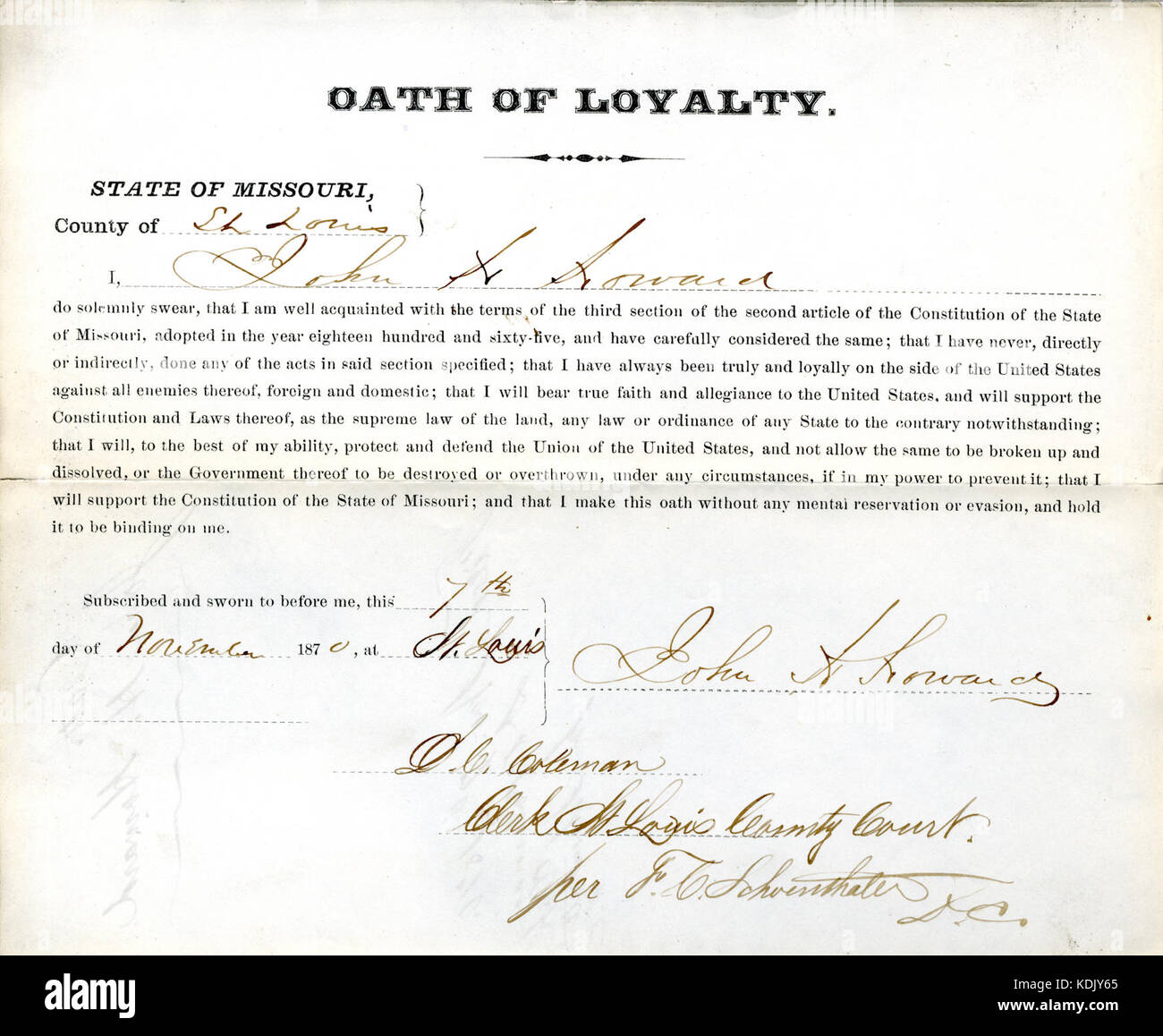 Loyalty oath of John H. Howard of Missouri, County of St. Louis Stock ...