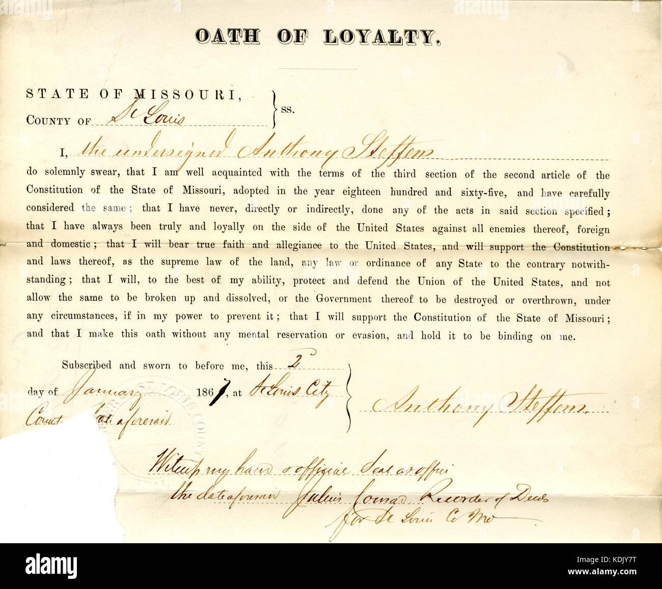 Loyalty oath of Anthony Steffens of Missouri, County of St. Louis Stock ...