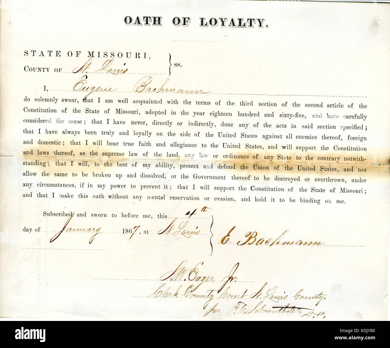 Loyalty oath of Eugene Bachmann of Missouri, County of St. Louis Stock ...