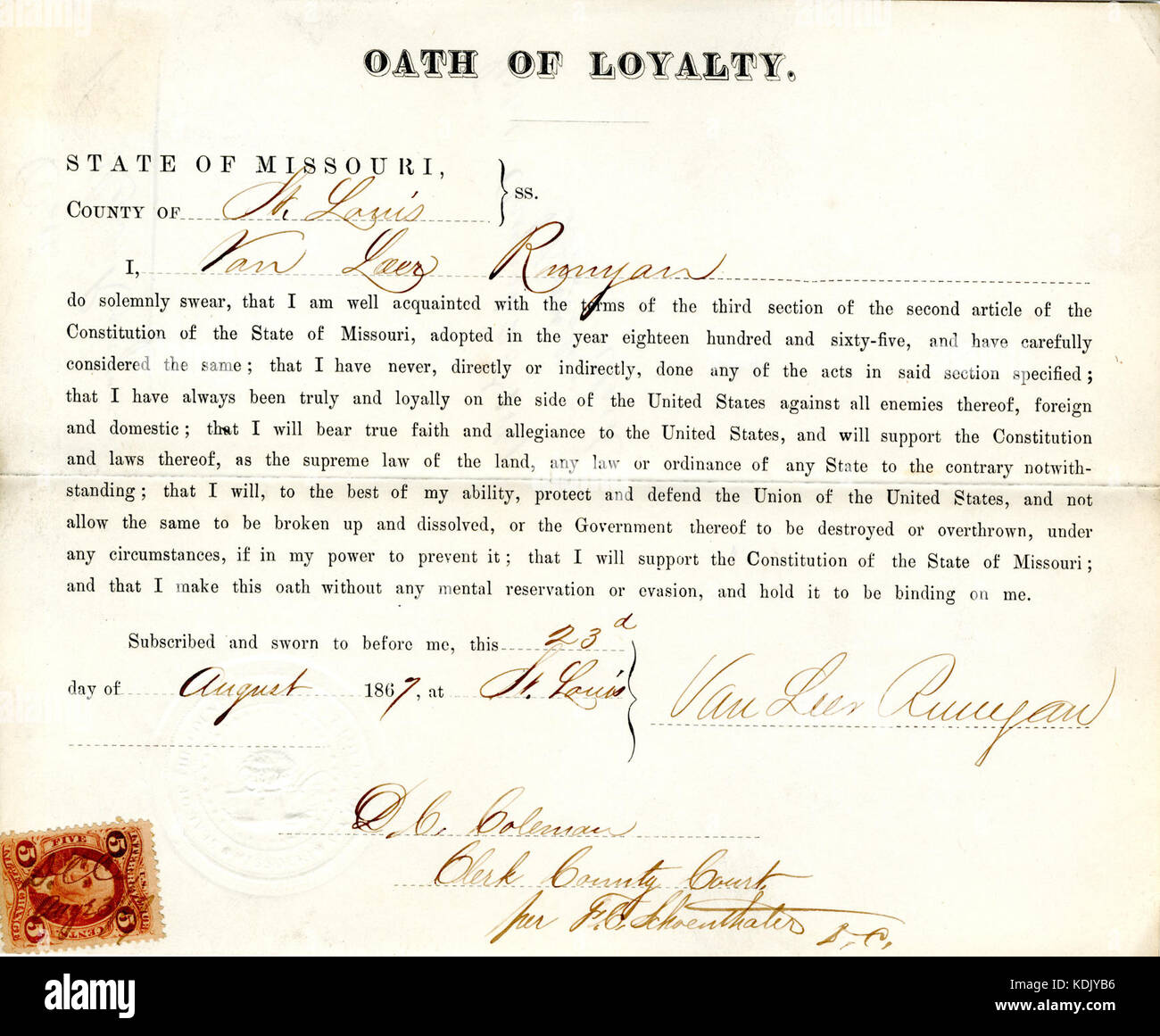 This document records the loyalty oath taken by Van Leer Runyan from St ...