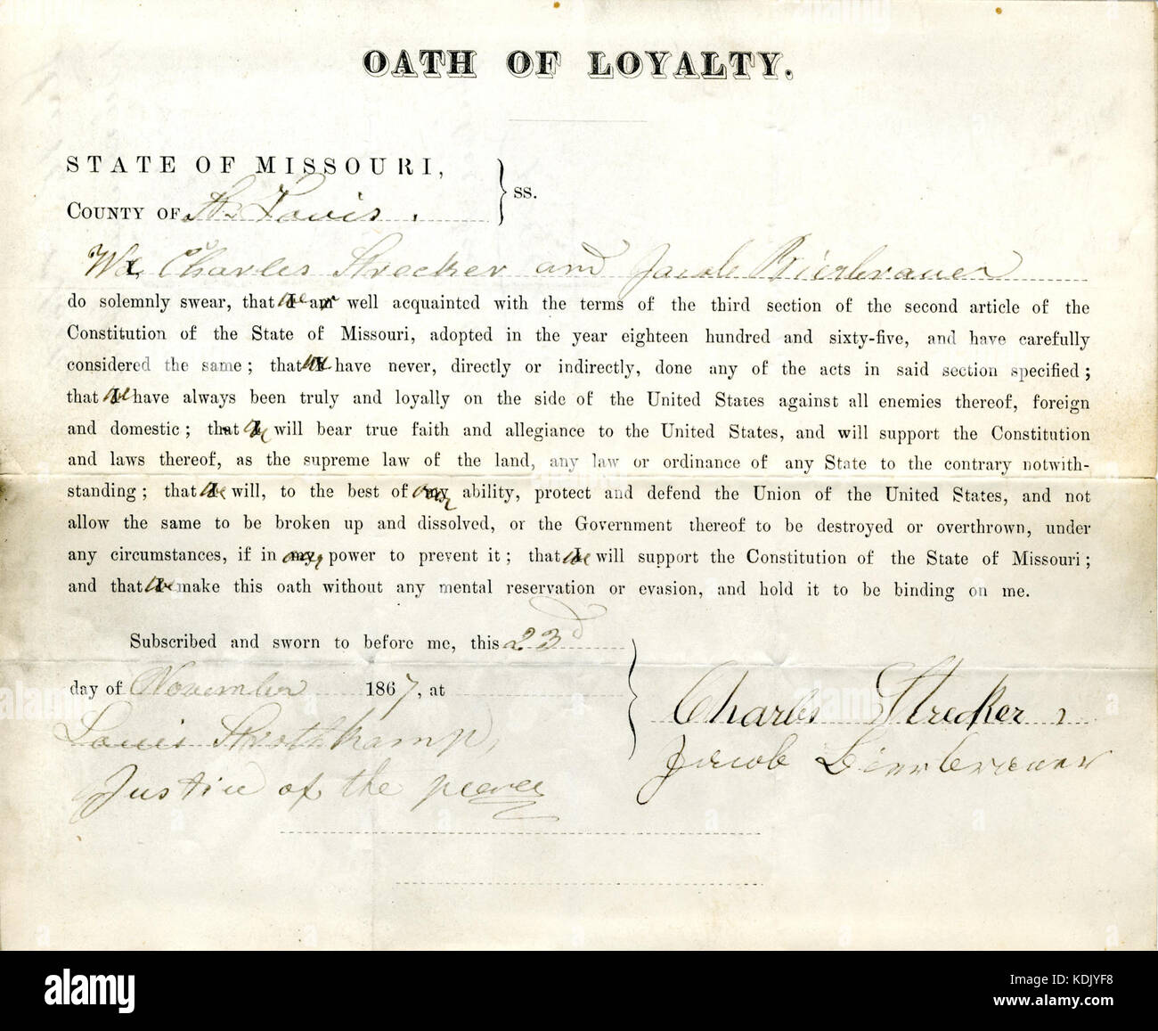 The loyalty oath of Charles Strecker and Jacob Bierbrauer, from St. Louis County, Missouri, is a ...