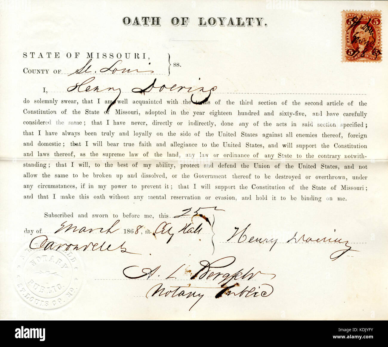 Loyalty oath of Henry Doering of Missouri, County of St. Louis Stock ...