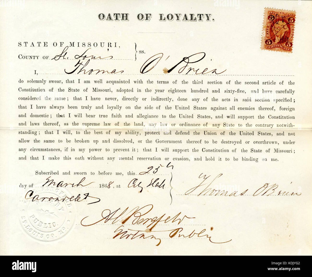 Loyalty oath of Thomas O'Brien of Missouri, County of St. Louis Stock ...