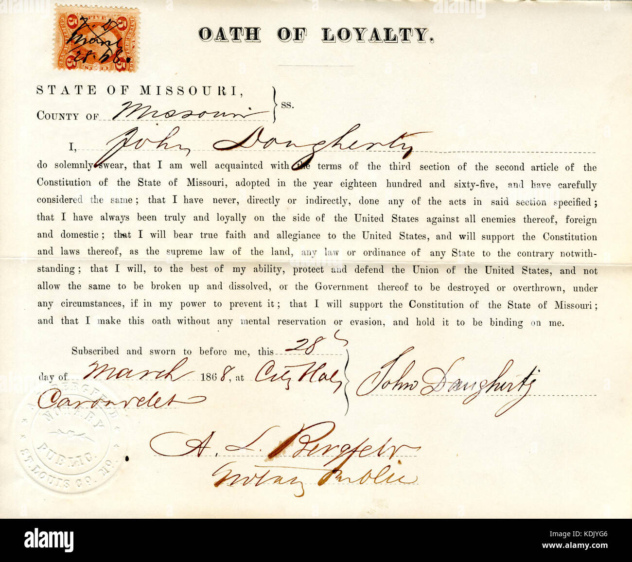 Loyalty oath of John Dougherty of Missouri, County of St. Louis Stock ...
