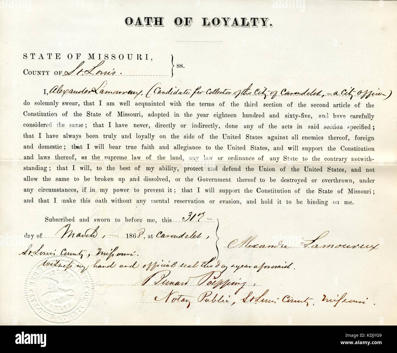 Loyalty oath of Alexandre Lamoureux of Missouri, County of St. Louis ...