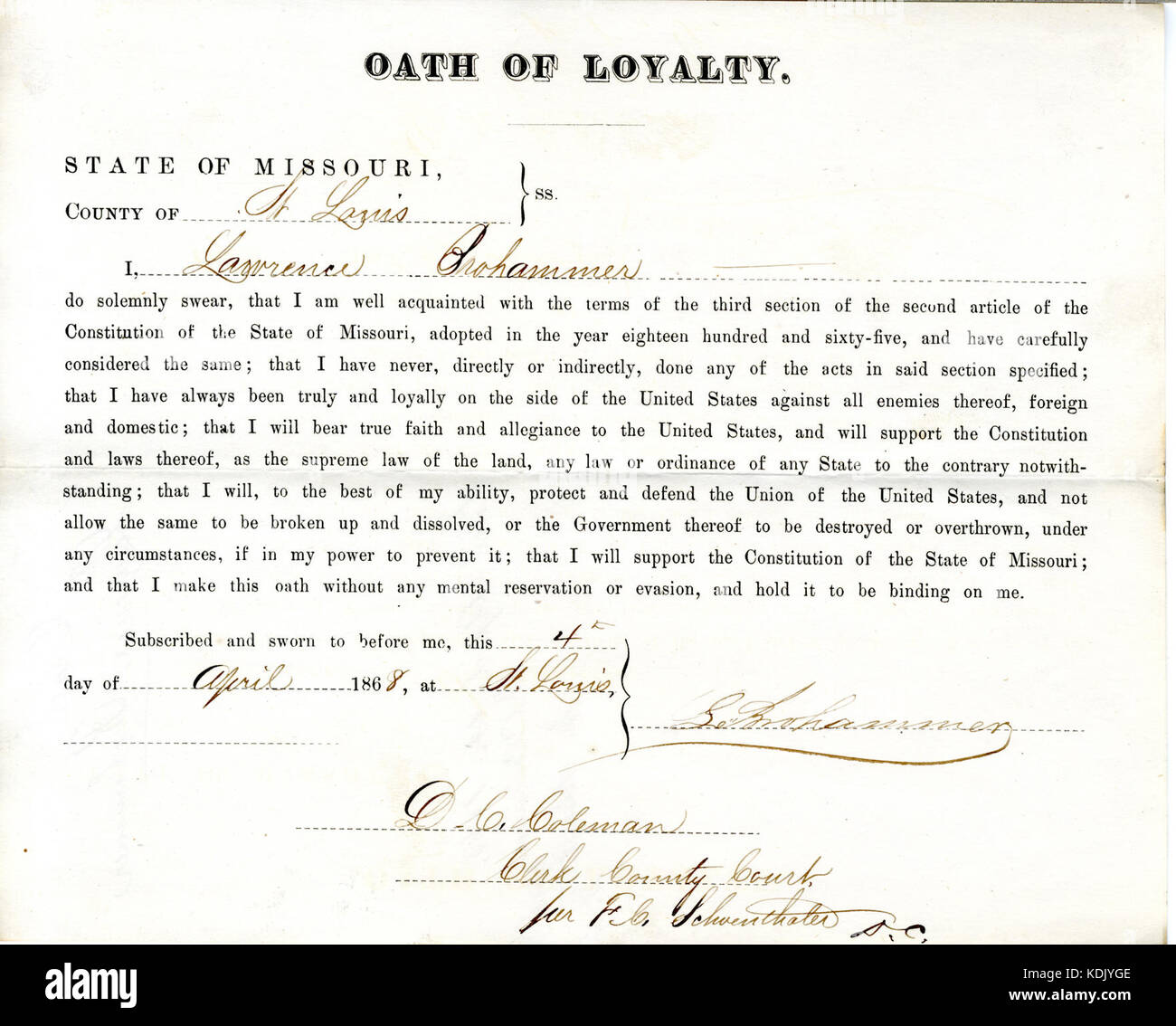 Loyalty oath of Lawrence Brohammer of Missouri, County of St. Louis ...