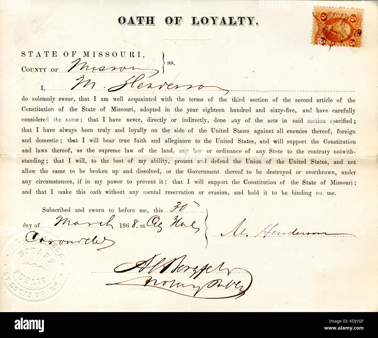 Loyalty oath of M. Henderson of Missouri, County of St. Louis Stock ...