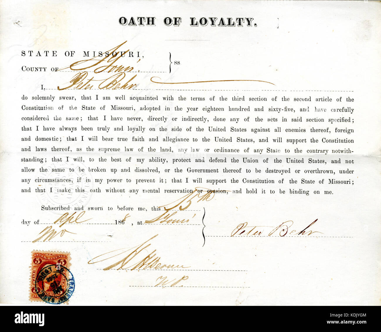 Loyalty oath of Peter Behr of Missouri, County of St. Louis Stock Photo ...