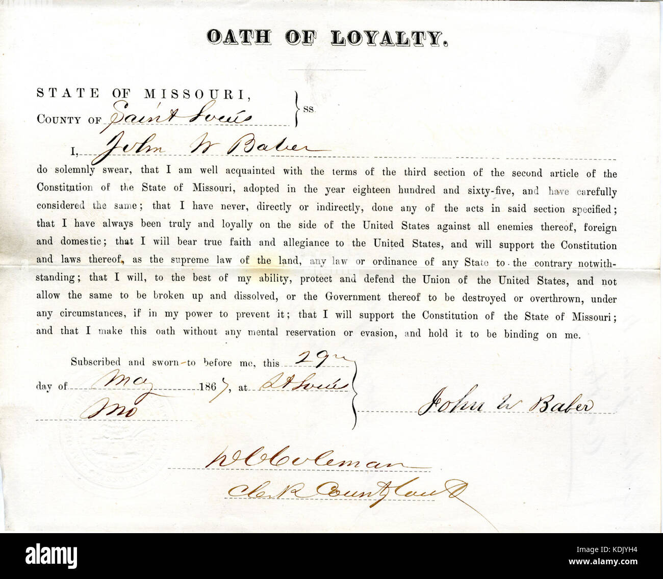 Loyalty oath of John W. Baber of Missouri, County of St. Louis Stock ...